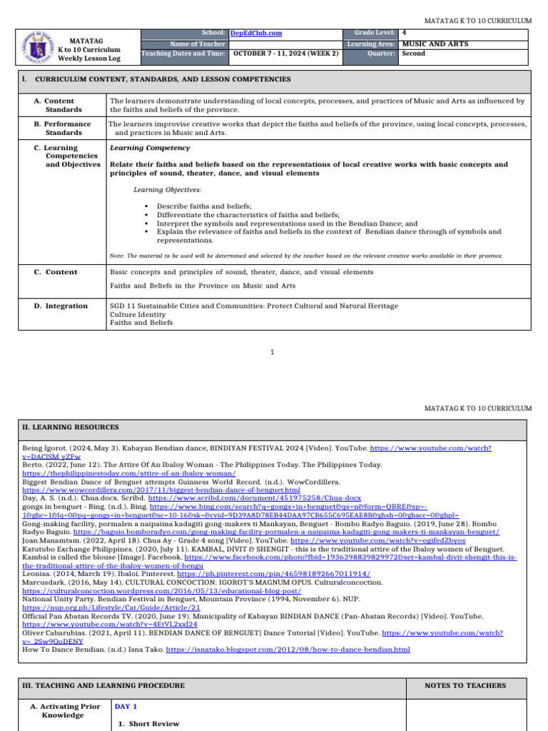 DLL Matatag - Music & Arts 4 Q2 W2 | PDF