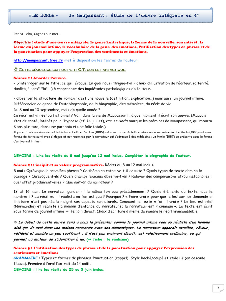 Séquence sur "Le Horla" en 4ème | PDF