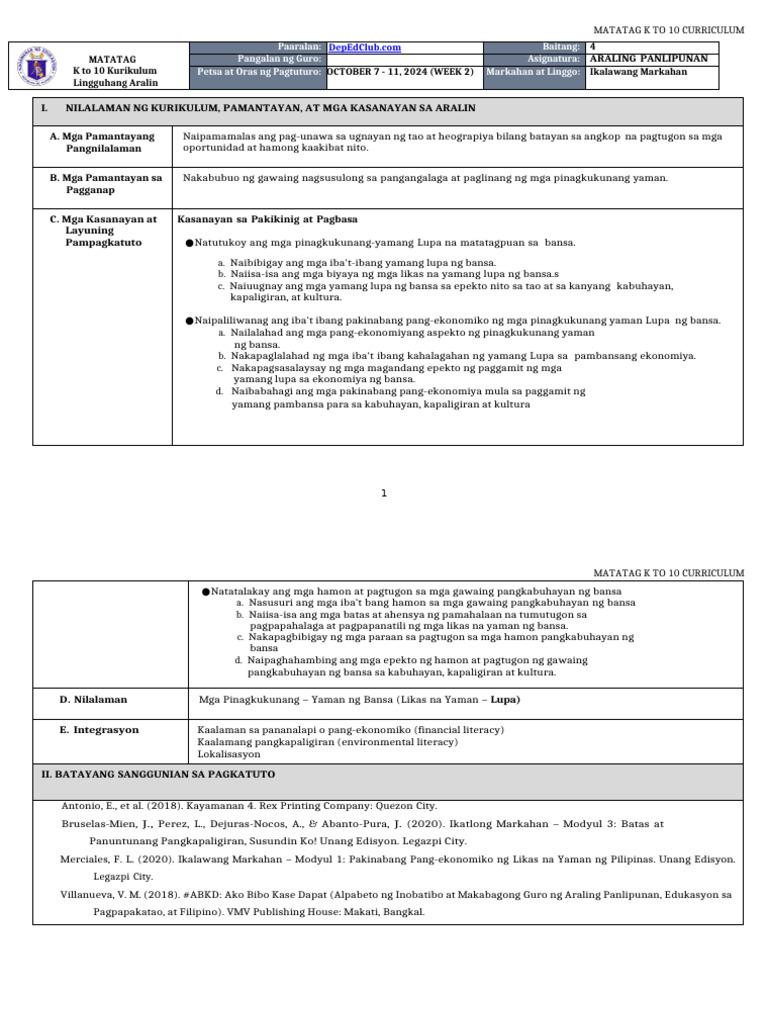 DLL Matatag - Araling Panlipunan 4 Q2 W2 | PDF