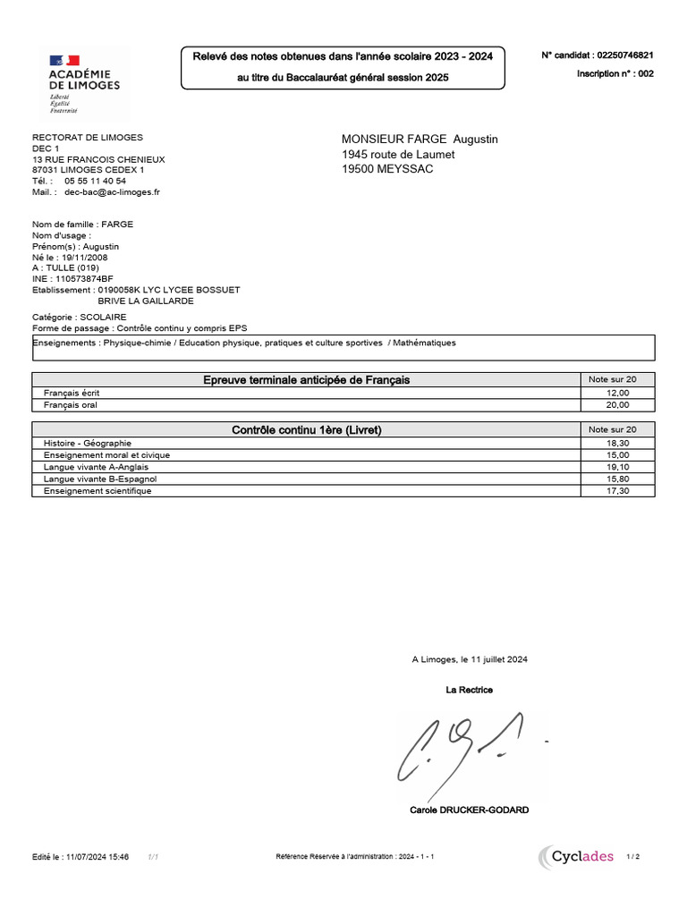 Relevé de Notes BAC | PDF