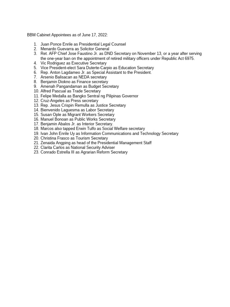 BBM Cabinet Appointees List 2022 | PDF | Social Science | Travel