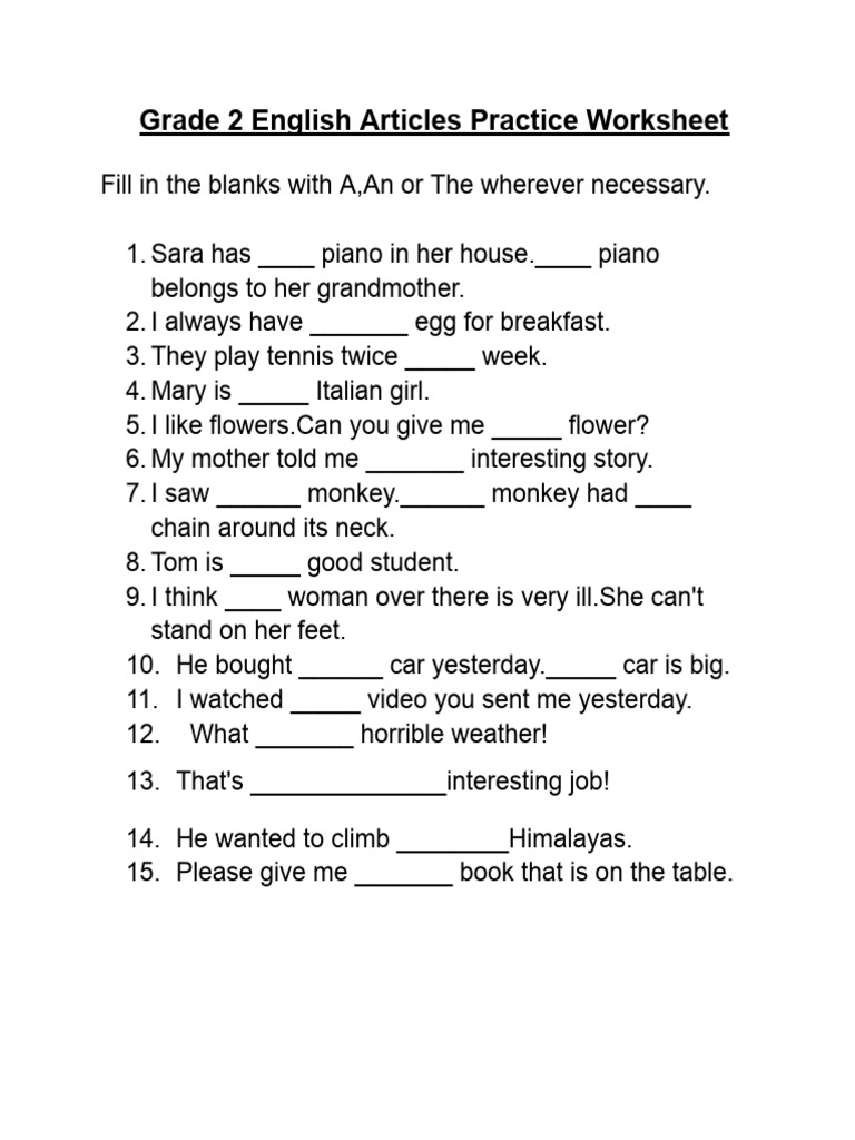 Grade 2 English Articles Practice Worksheet | PDF