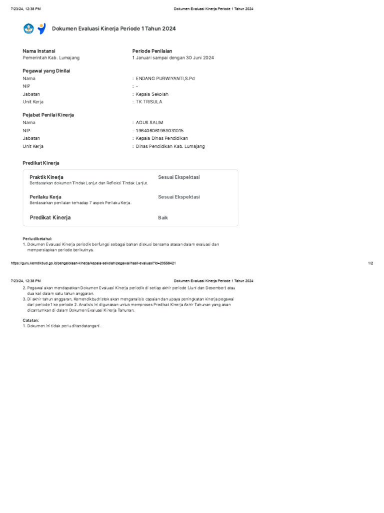 Dokumen Evaluasi Kinerja Periode 1 Tahun 2024 Bu Yanti | PDF