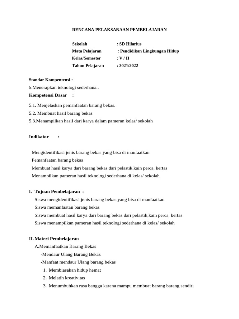 RPP PLH Kelas 5 SK5 | PDF