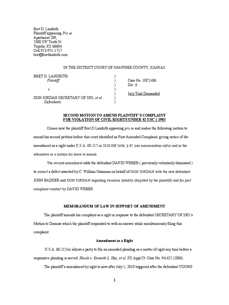Proposed Second Amended Petition for Violation of Civil Rights Under 42 ...