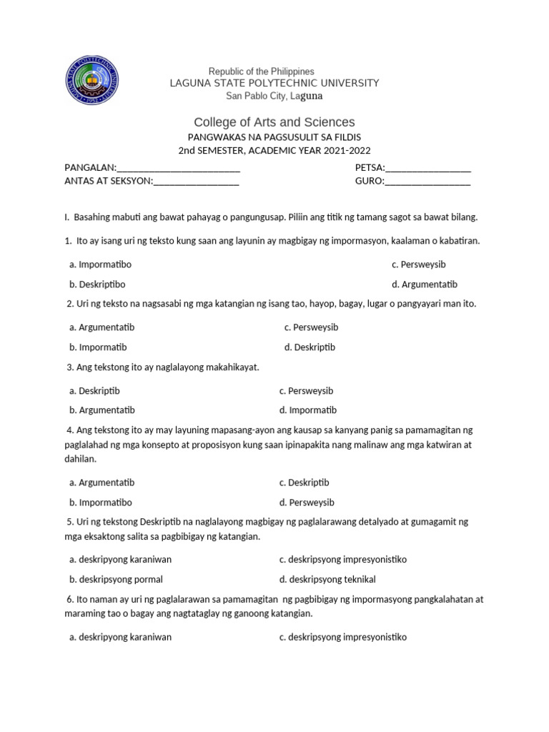 FINAL EXAM IN FILDIS | PDF