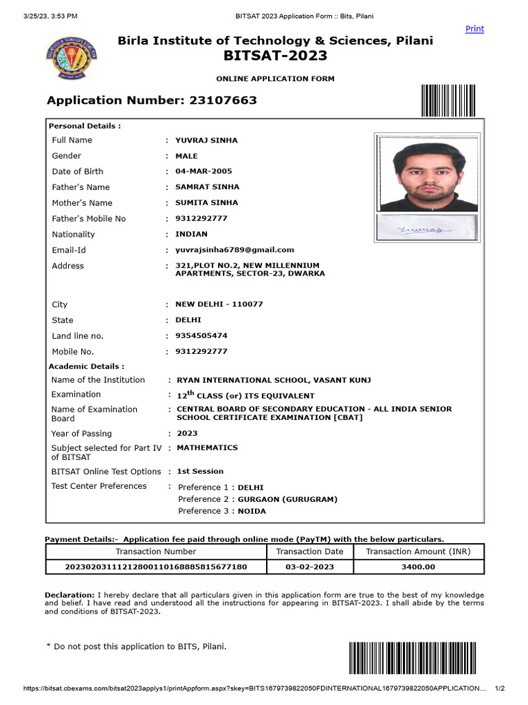 BITSAT 2023 Application Form - Bits, Pilani | PDF