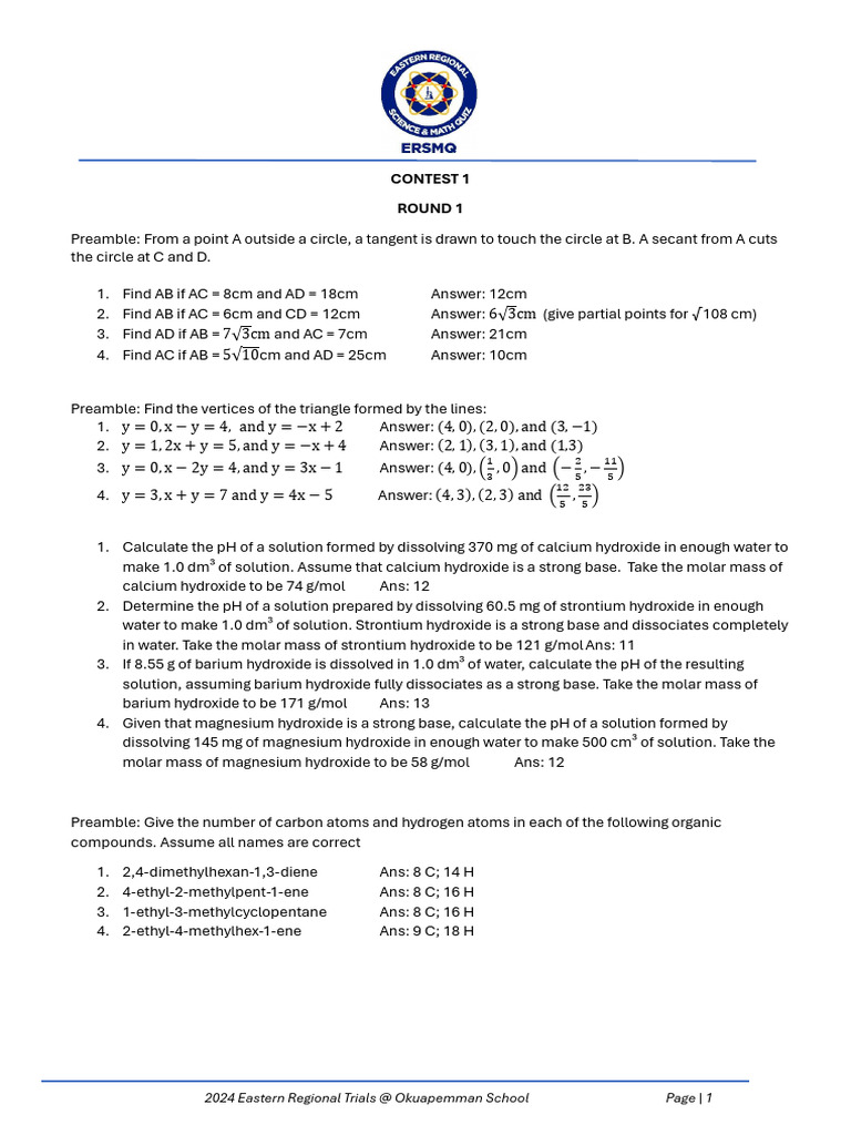 NSMQ One - Eight and Quarter Finals Questions | PDF