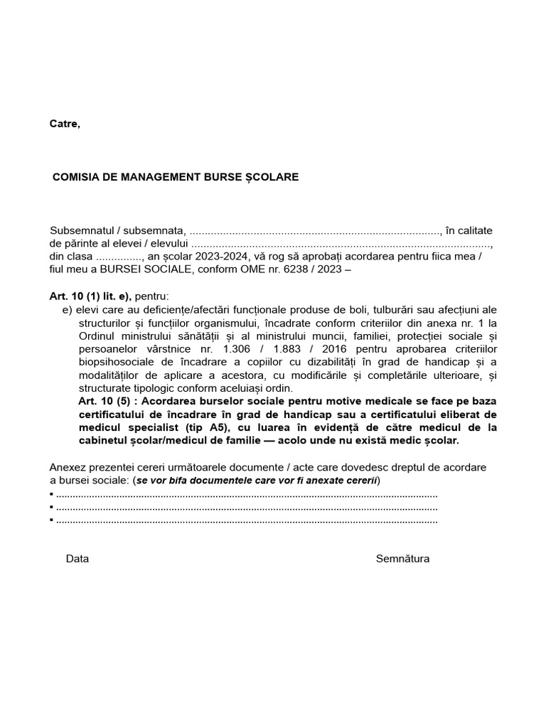 12339_CERERE_BURSĂ_SOCIALĂ__MEDICALĂ_2023 | PDF