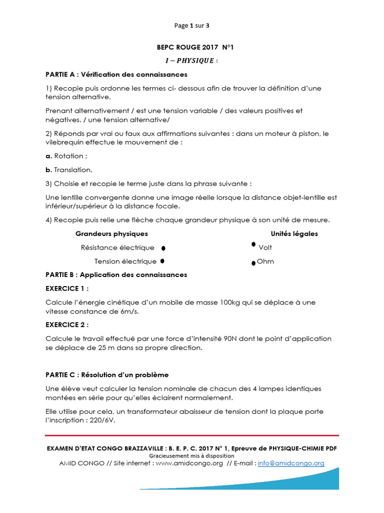SUJET BEPC ROUGE 2017 Physique Chimie Sujet 1 | PDF