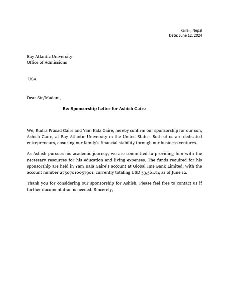 Letter of sponsorship Sample - Ashish Gaire copy 2 | PDF