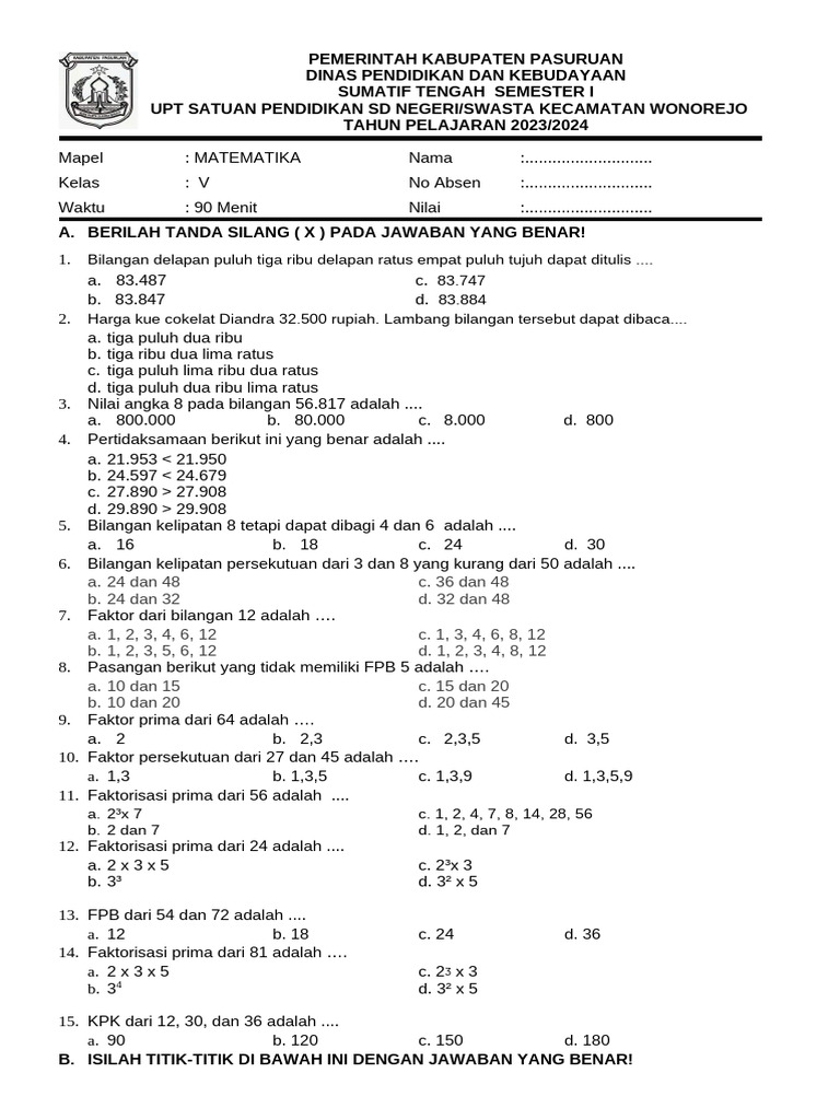 Soal STS MTK Kelas 5 Semester 1 | PDF