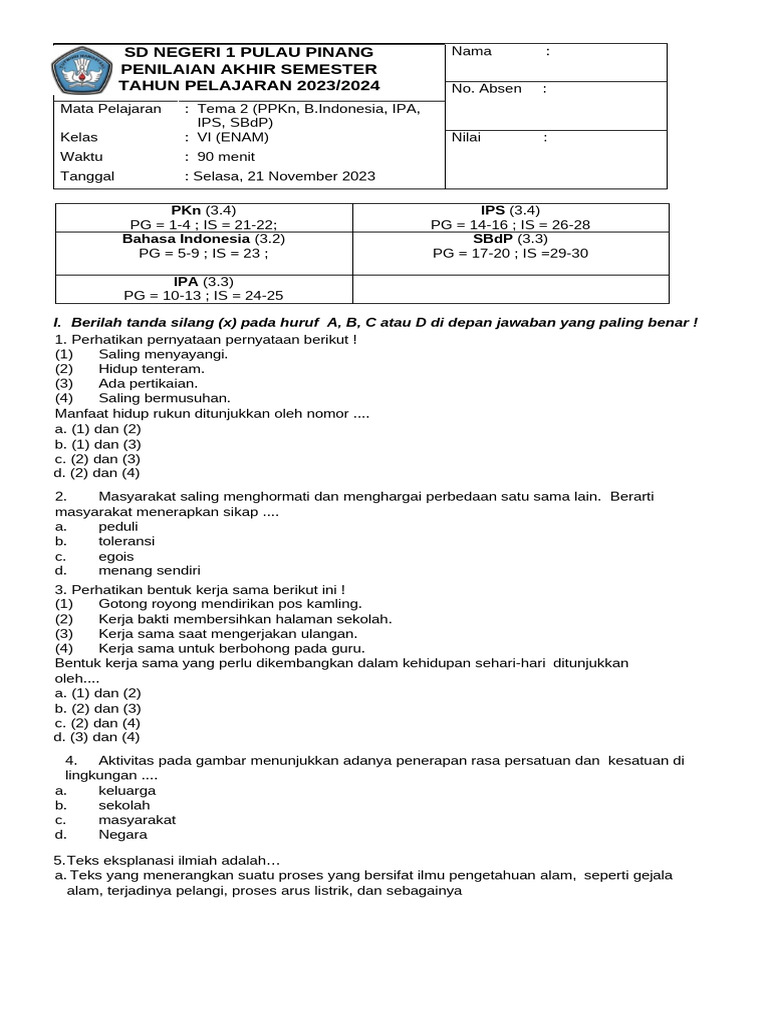 Soal PAS tema 2 | PDF
