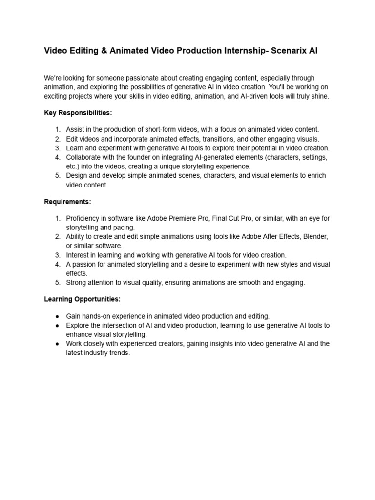 Animated Video Production and Editing Internship - Scenarix AI | PDF