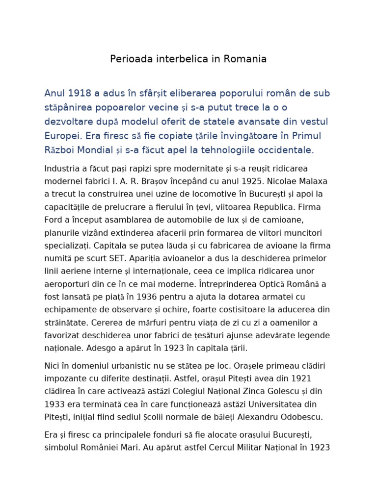 Perioada Interbelica in Romania | PDF