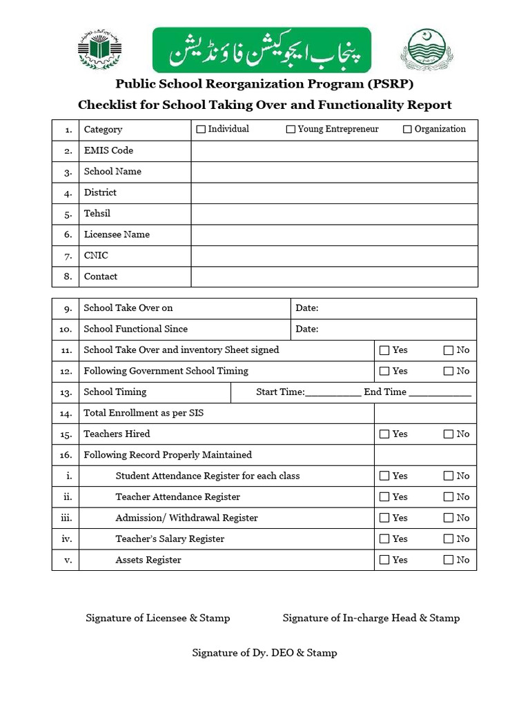 Checklist For School Taking Over and Functionality Report | PDF