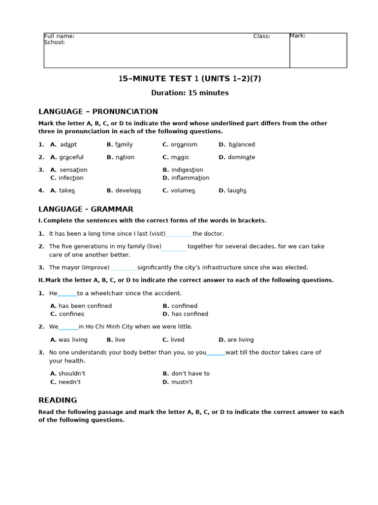 15-Minute Test 1 (Units 1-2) | PDF