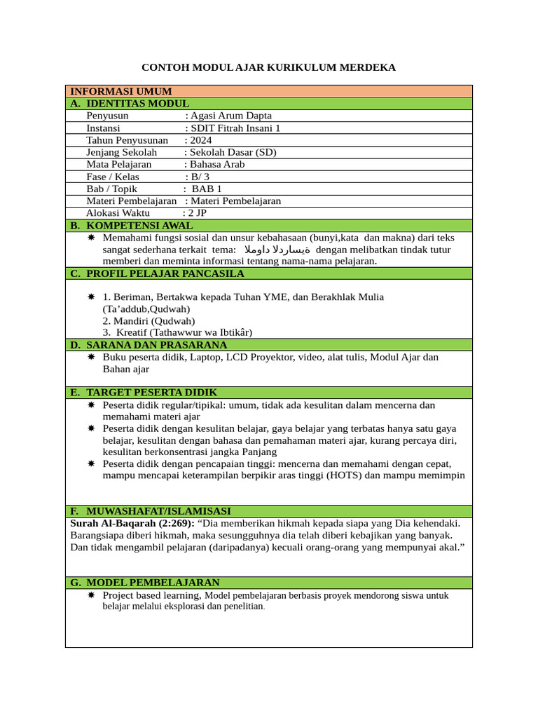 Format Modul Ajar Kurikulum Merdeka TP Bahasa Arab Bab1 2024-2025 | PDF