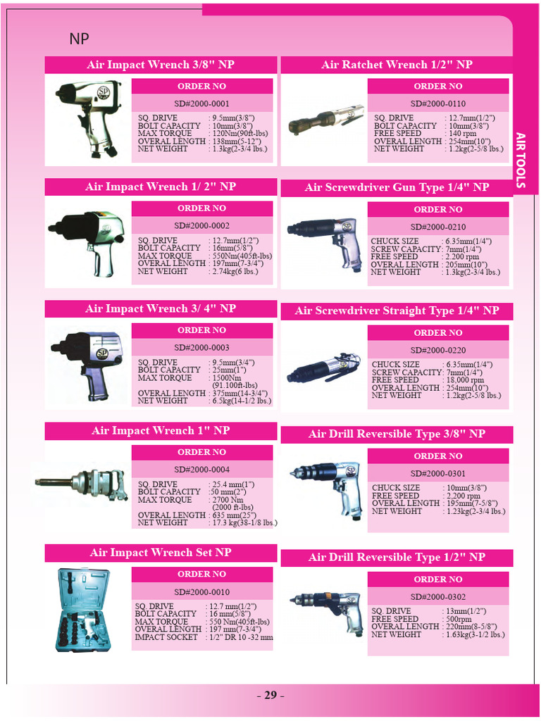 Comprehensive Air Tool Specifications | PDF | Screw | Drill