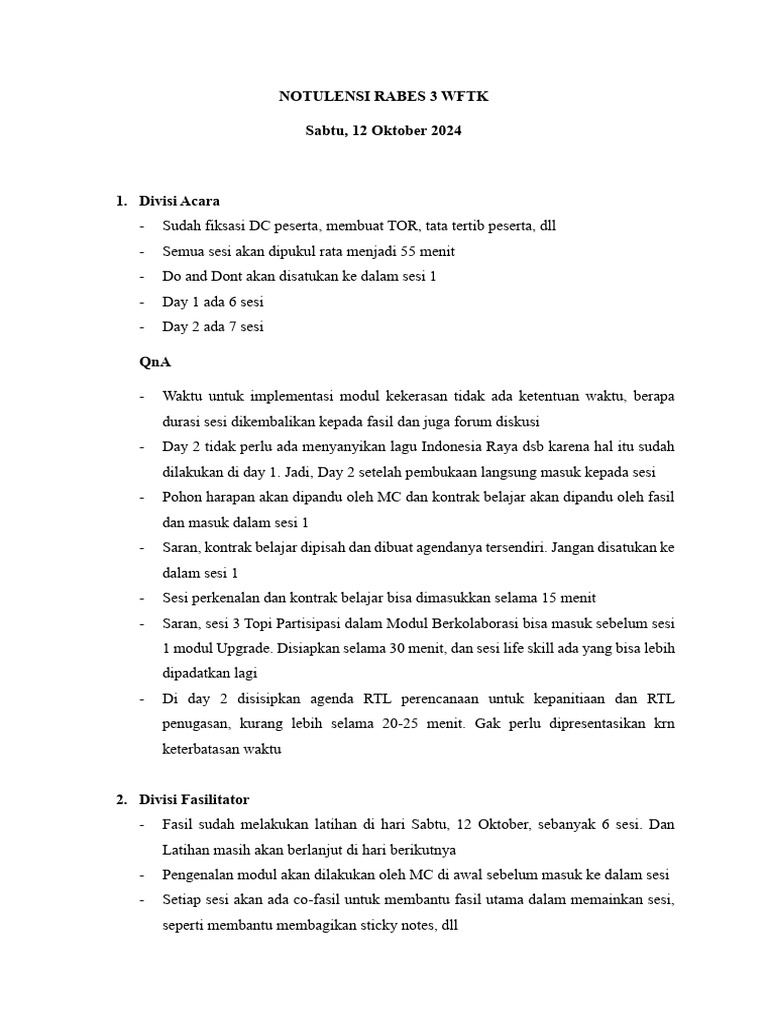 Notulensi RABES 2 WFTK | PDF