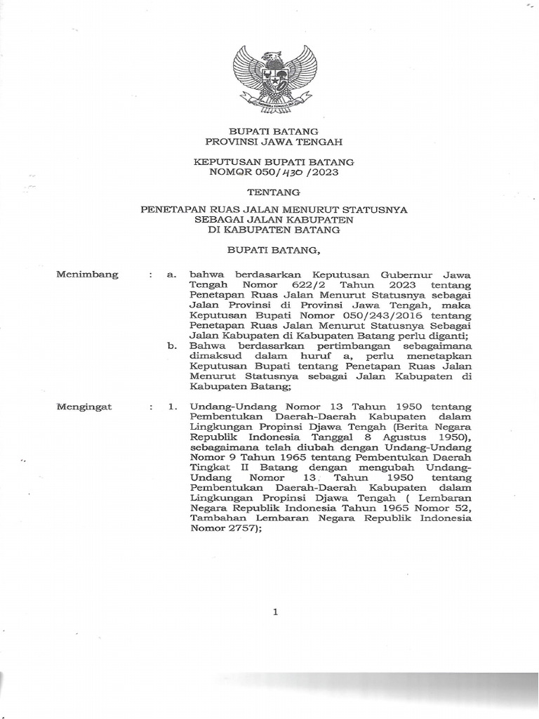 SK Ruas Jalan Menurut Statusnya Tahun 2023 | PDF