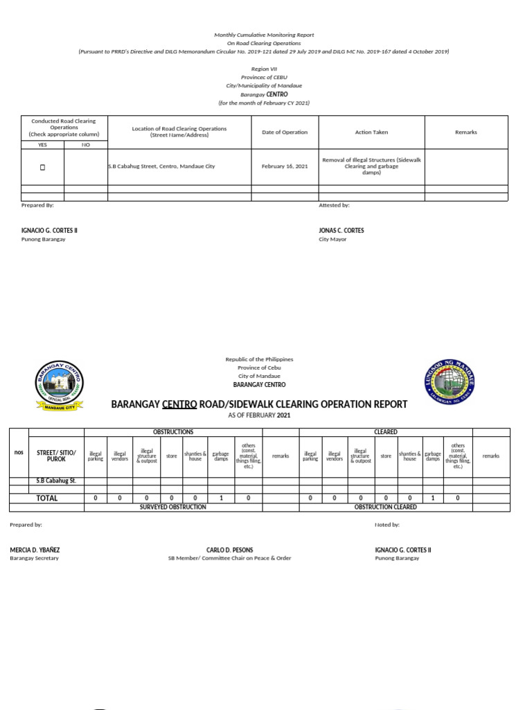 Road Clearing Report For The Month of Nov | PDF
