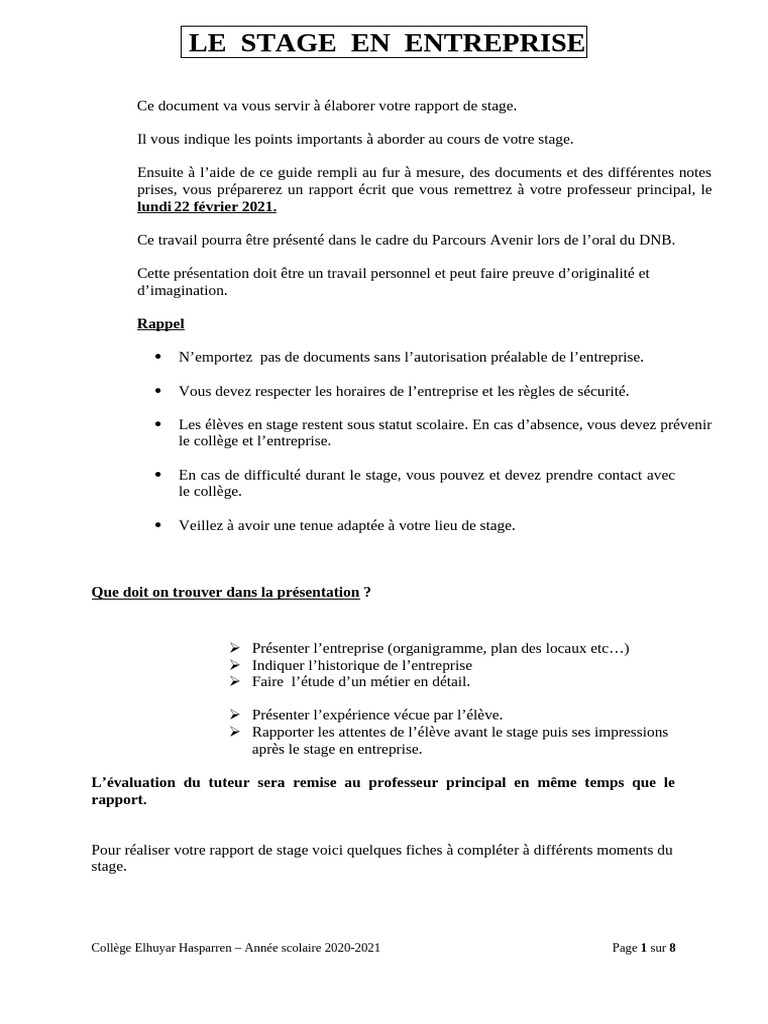 Guide Du Stage en Entreprise 2020-21 | PDF