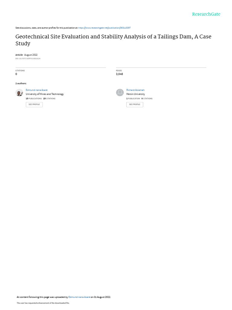 Geotechnical Site Evaluation and Stability Analysis of A Tailings Dam A Case Study ...