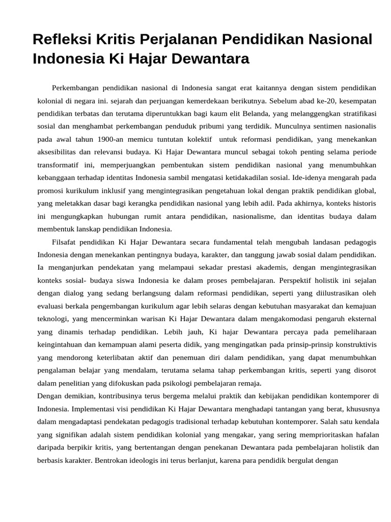 Refleksi Kritis Perjalanan Pendidikan Nasional Indonesia Ki Hajar Dewantara | PDF