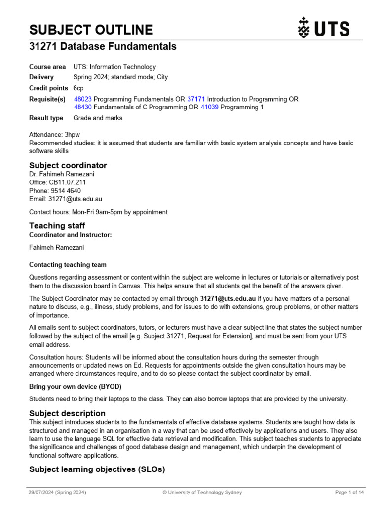 Database Subject Outline | PDF