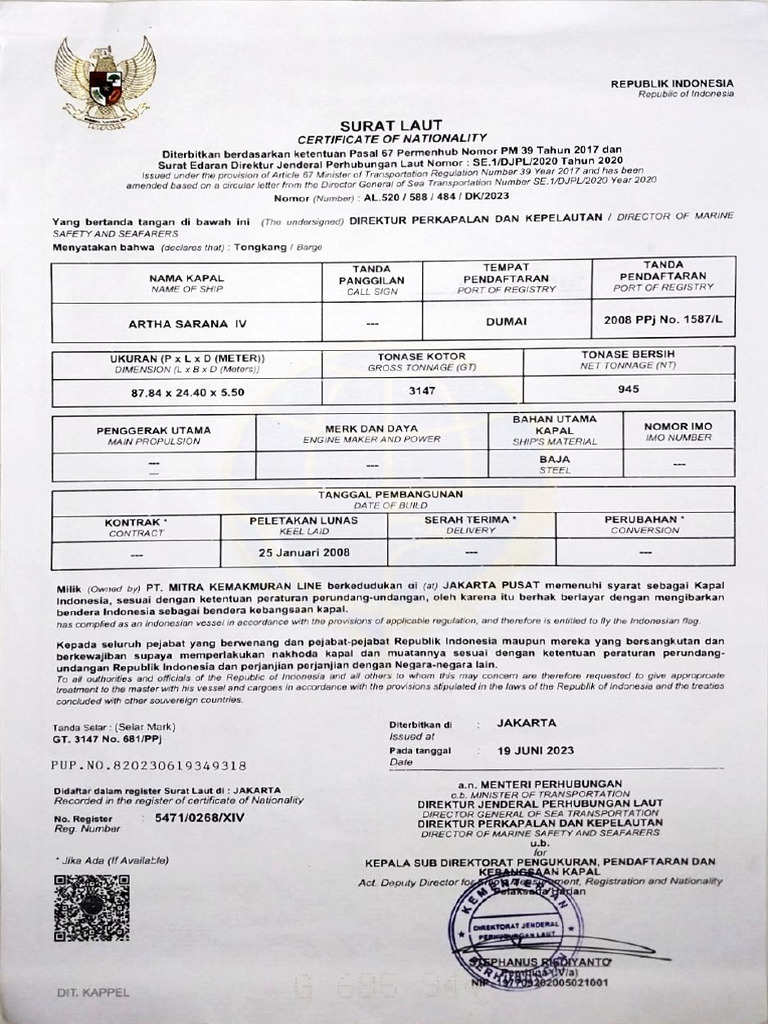 Surat Laut - TK. Artha Sarana IV (Endorse. 30 November 2023) | PDF