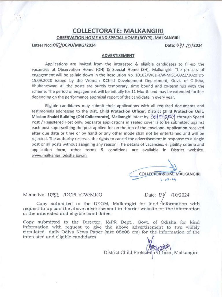 Advertisement To Fill-Up The Vacancies at Observation Home and Special Home, Malkangiri (DCPU ...