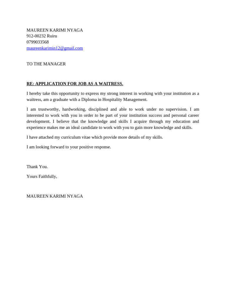 Maureen Karimi Nyaga Cover Letter | PDF