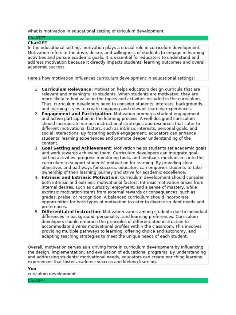 What Is Motivation in Educational Setting of Ciriculum Development | PDF