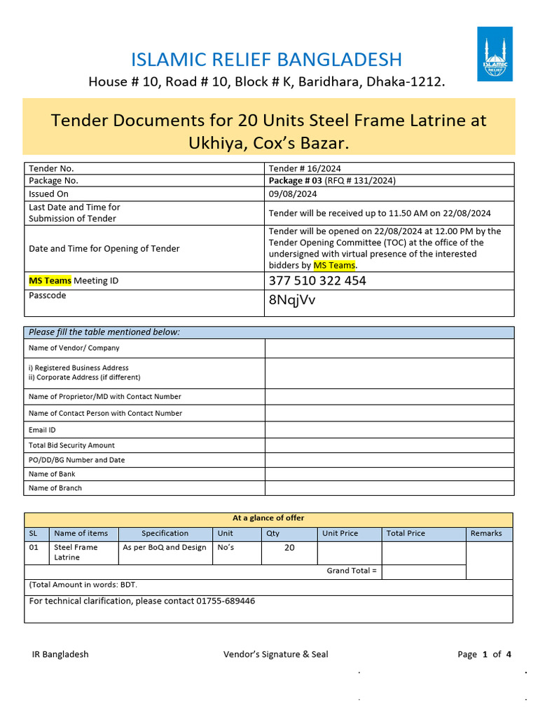 Package 03 of Tender 16 in 2024, Steel Frame Latrine 20 Units | PDF