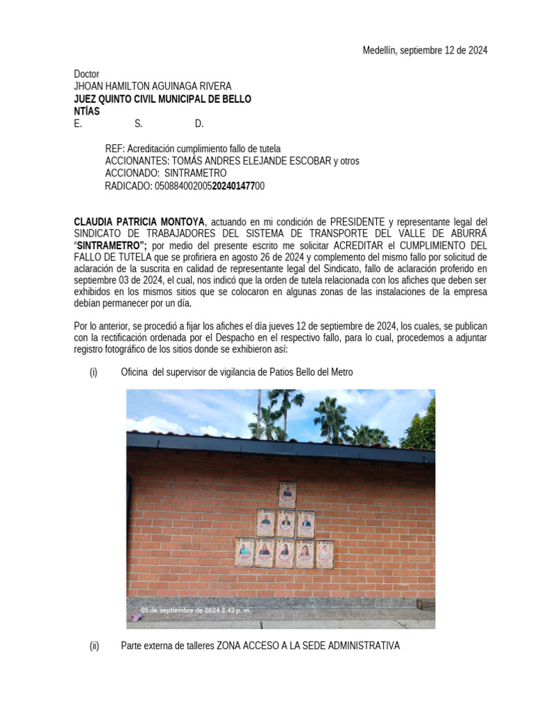 Memorial Acatamiento Orden Fallo Tutela Rad 05088400300520240147700 | PDF