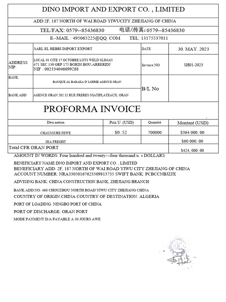 Proforma Invoice: TEL/FAX: 0579 - 85436830 0579 - 85436830 | PDF