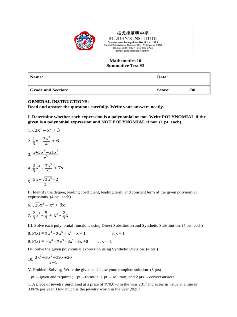 Q1 Math - 10 Summative Test #3 | PDF