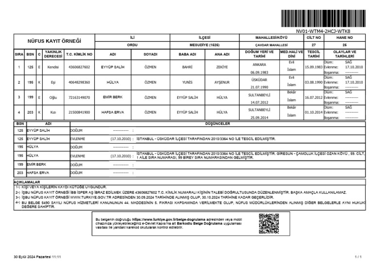 Nufus Kayit Ornegi | PDF