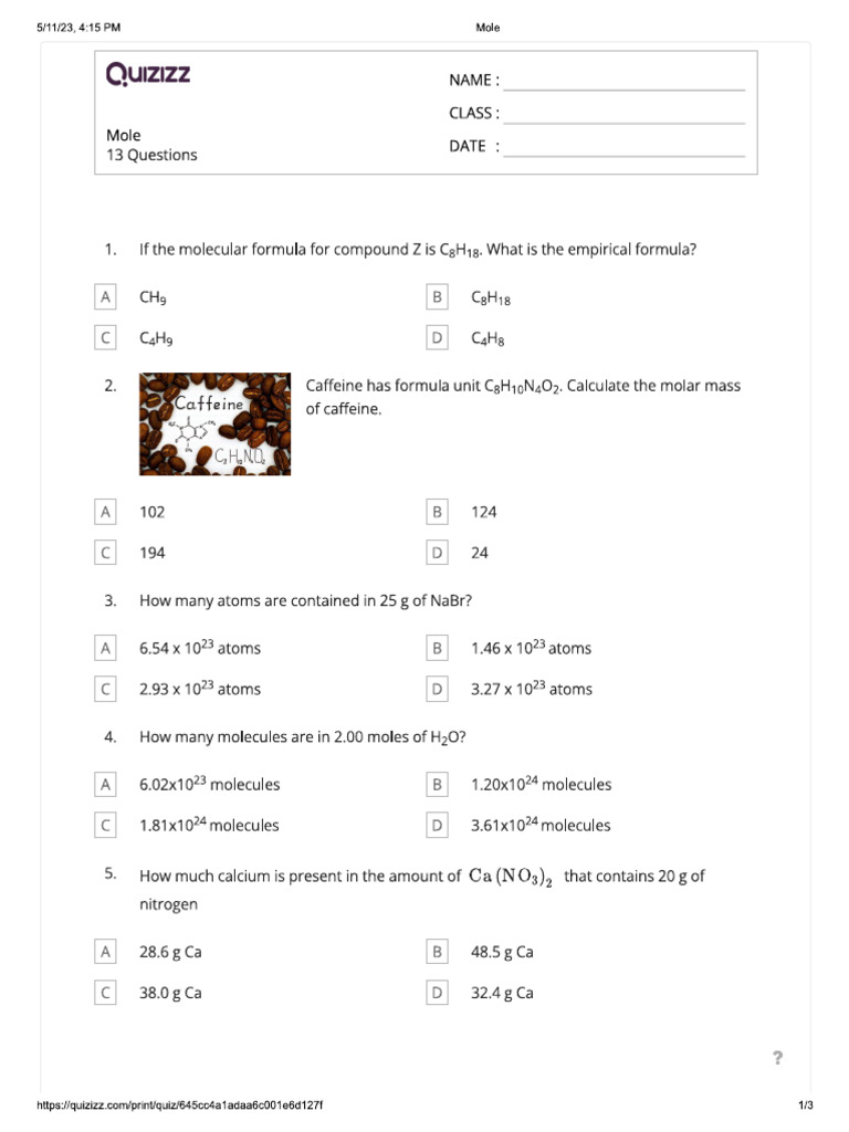 Mole Concept Quiz 1st | PDF