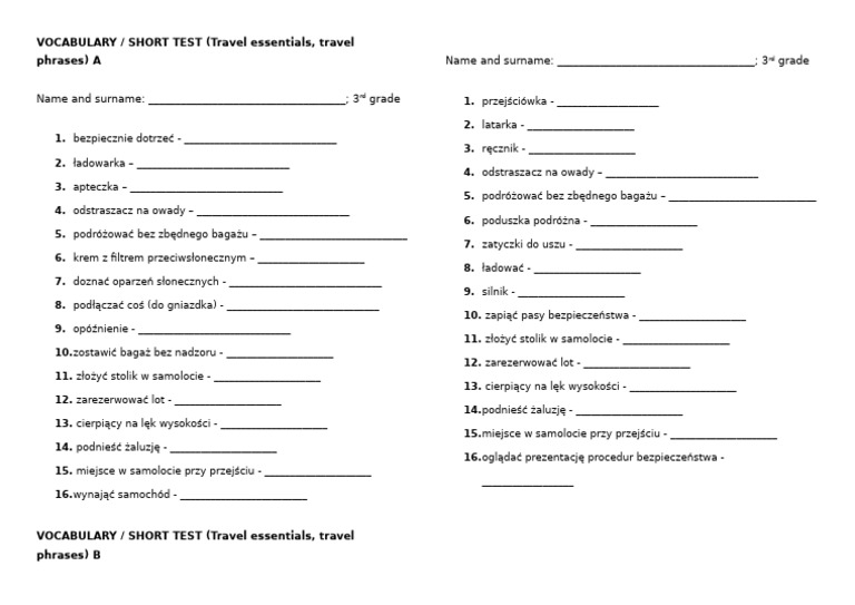 Short Quiz Klasa 3 Air Travel, Holiday Phrases, Travel Essentials | PDF