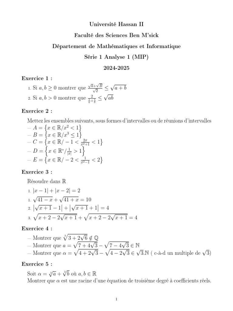 Série 1 Analyse 1 Mip 2024 2025 | PDF