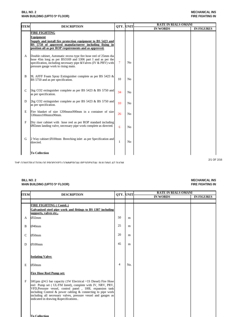 Bill No. 2 Mechanical Installation Fire Fighting Installation Main Building (Upto 5 Floor) | PDF