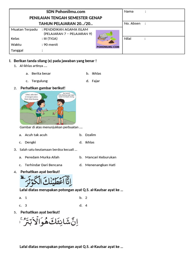 Soal PTS PAI Kelas 3 Genap K13 | PDF