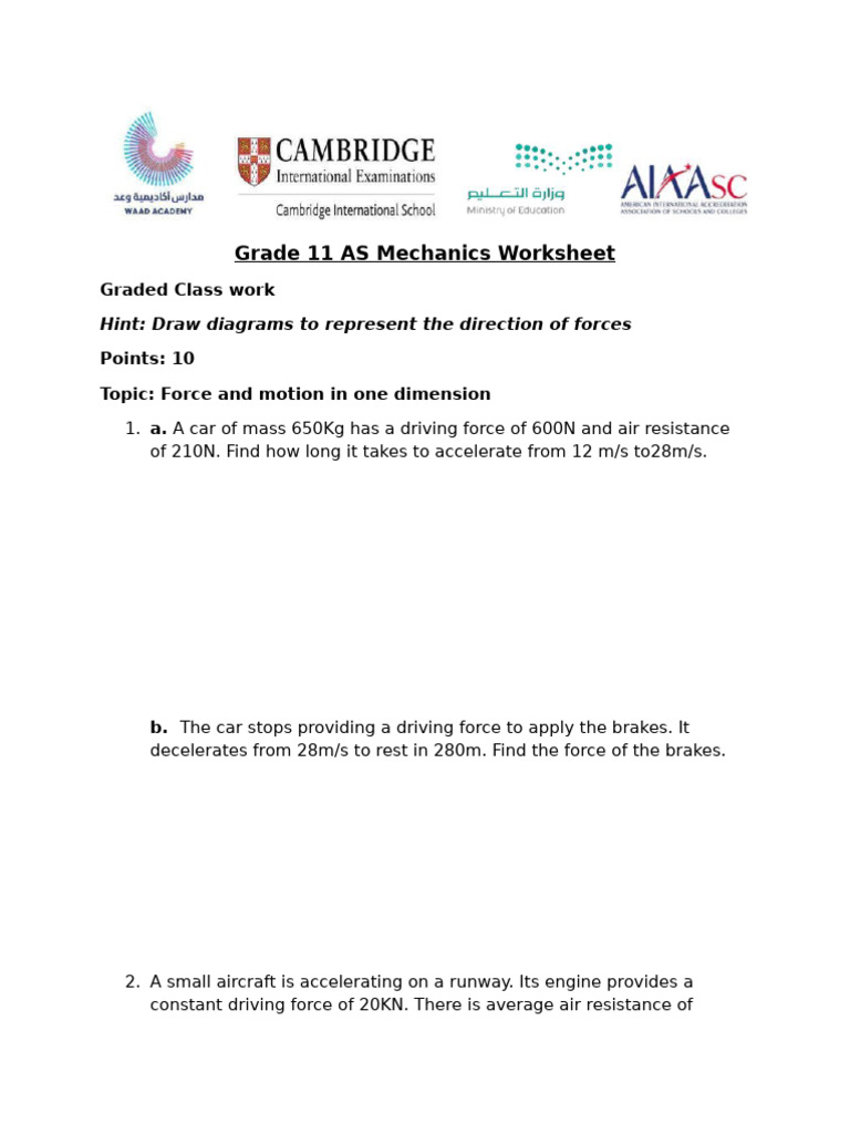 AS Mechanics Chapter 2 Worksheets | PDF