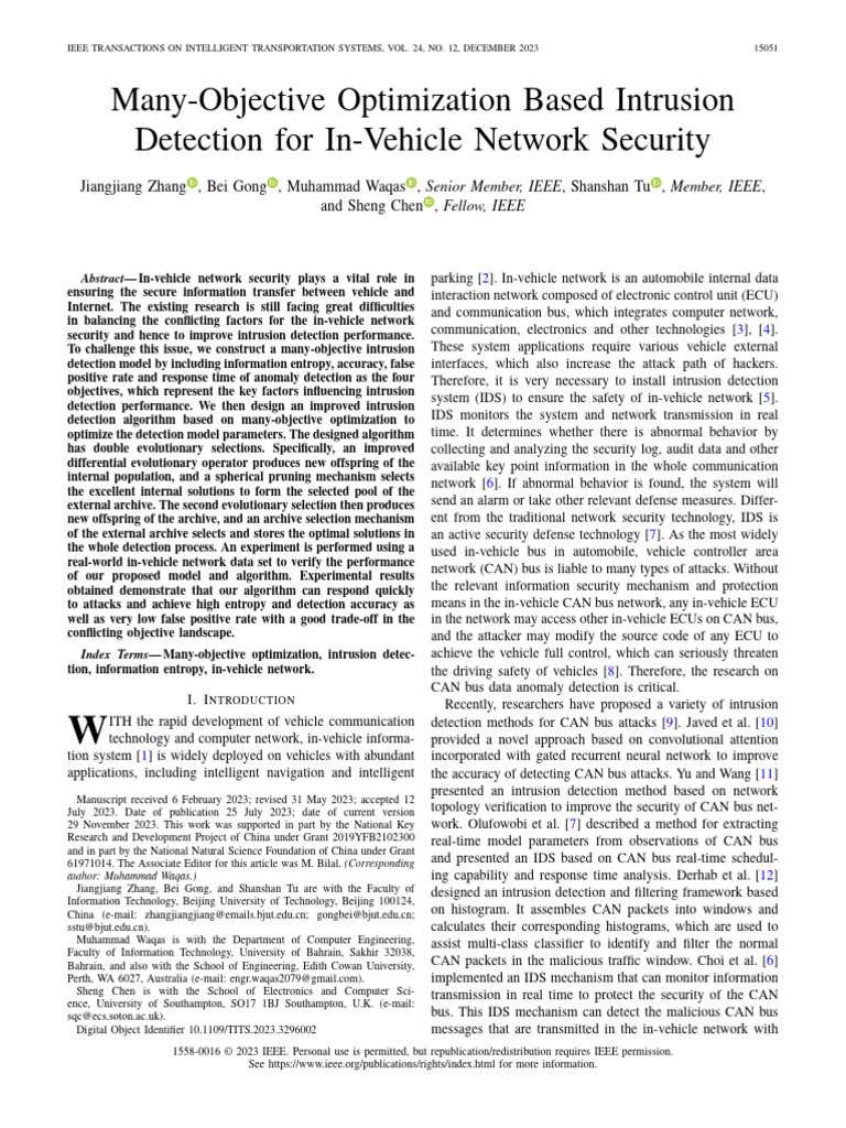 Many Objective Optimization Based Intrusion Detection For In Vehicle