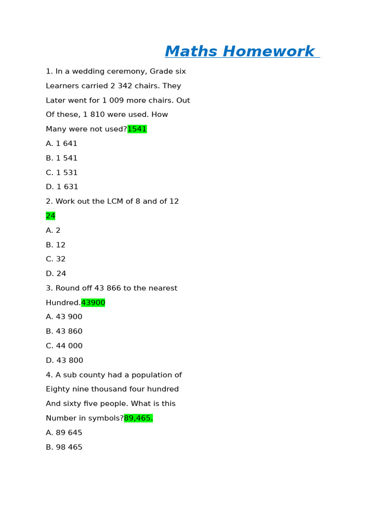 Maths Homework | PDF