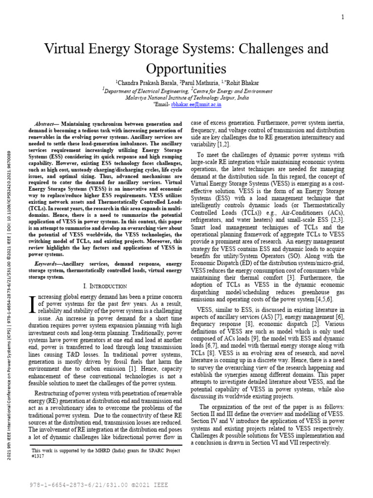 Virtual Energy Storage Systems Challenges and Opportunities | PDF
