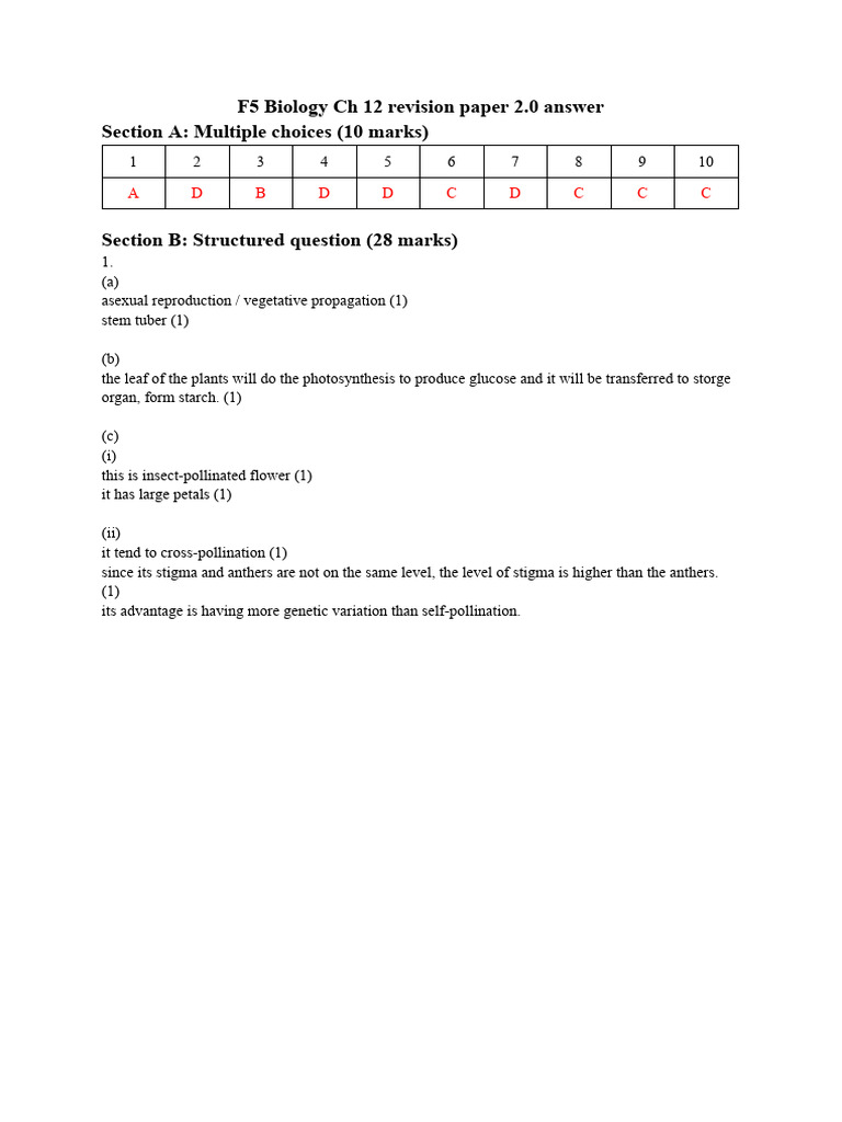 F5 Biology CH 12 Revision Paper 2.0 Answer | PDF