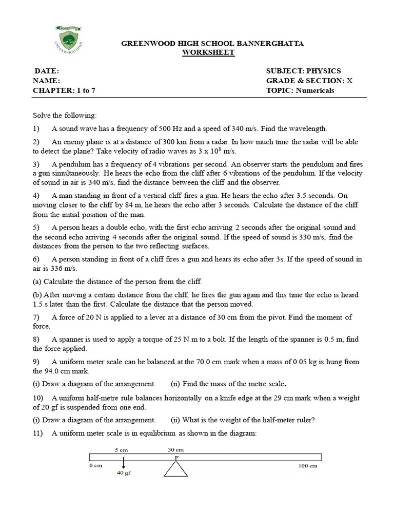 Gr 10 Physics Numericals Worksheet | PDF